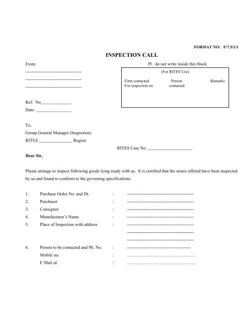 inspection call format - Rites