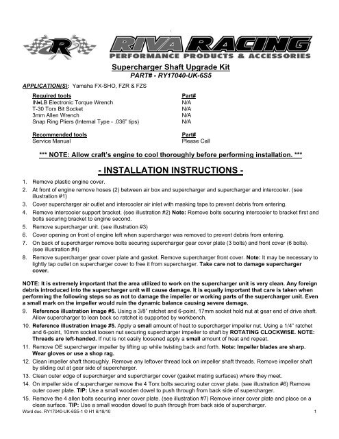 INSTALLATION INSTRUCTIONS - RIVA Racing