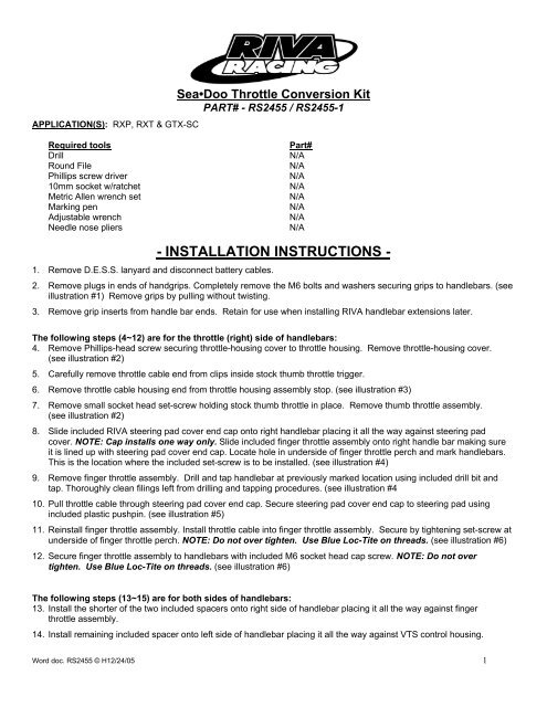 INSTALLATION INSTRUCTIONS - RIVA Racing