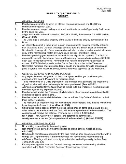 RIVER CITY QUILTERS' GUILD POLICIES I. GENERAL POLICIES 1 ...