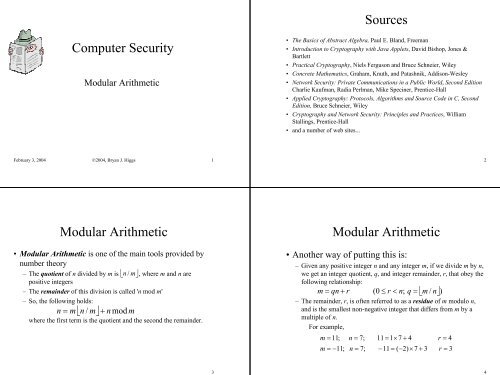 Computer Security Sources Modular Arithmetic Modular Arithmetic
