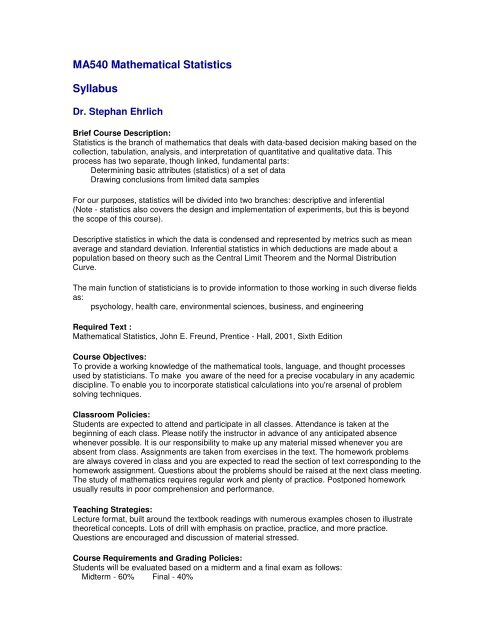 MA540 Mathematical Statistics Syllabus