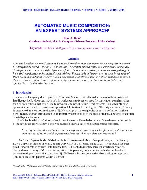 automated music composition: an expert systems ... - Rivier University