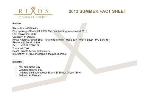 2013 summer fact sheet - Rixos Hotel