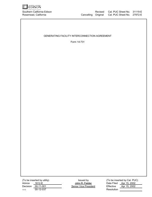 Generating Facility Interconnection Agreement - Southern California ...