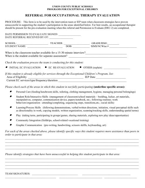 Occupational Therapy (OT) Referral Form - UCPS - Exceptional ... Occupational Therapy (OT) Referral Form - UCPS - Exceptional ...