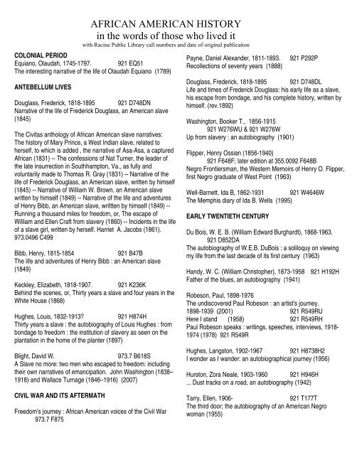 AUTOBIOGRAPHY & MEMOIR - Racine Public Library