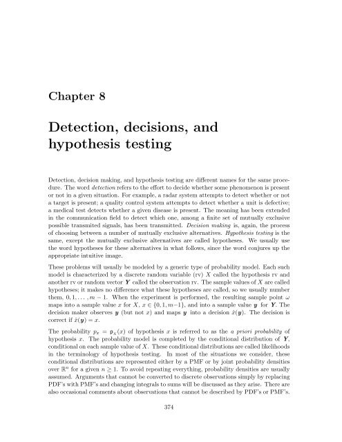 Detection, decisions, and hypothesis testing