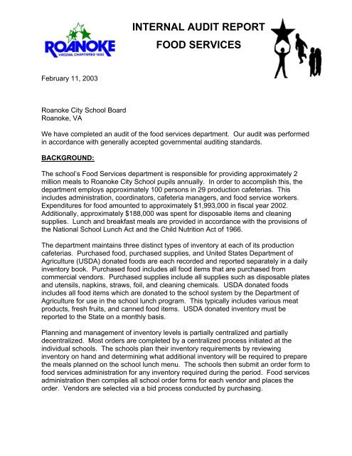 INTERNAL AUDIT REPORT FOOD SERVICES - Roanoke