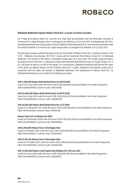 Rabobank Nederland replaces Robeco Direct N.V. as ... - Robeco.com