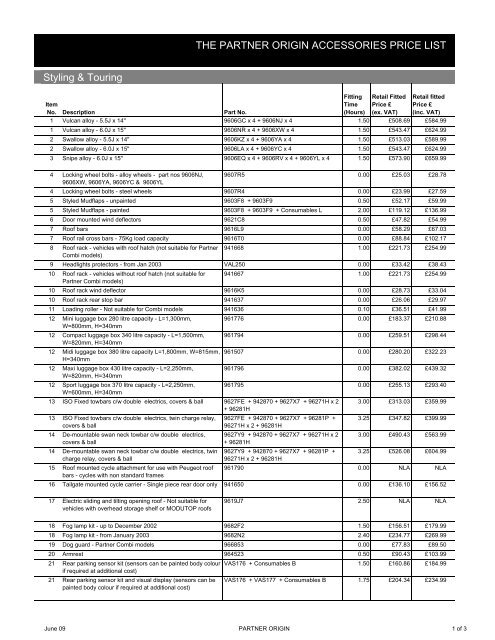 Partner Origin accessory price list June 2009.pdf - Robins & Day