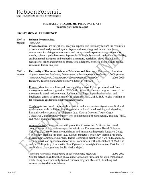 Michael J. McCabe, Jr., Ph.D., DABT, ATS - Robson Forensic, Inc.