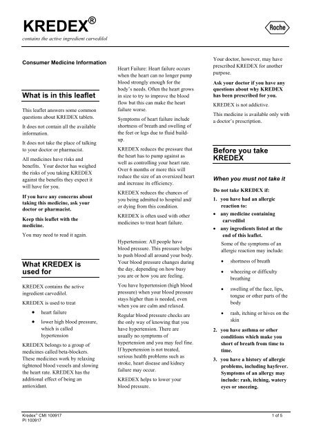 Kredex (carvedilol) - Consumer Medicine ... - Roche Australia