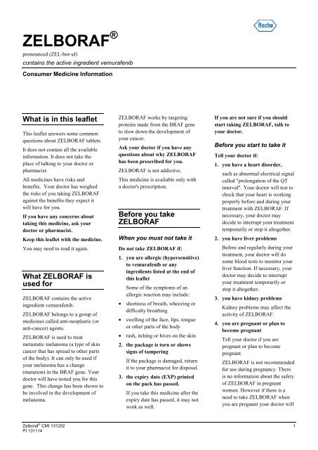 Zelboraf (vemurafenib) Consumer Medicine ... - Roche Australia