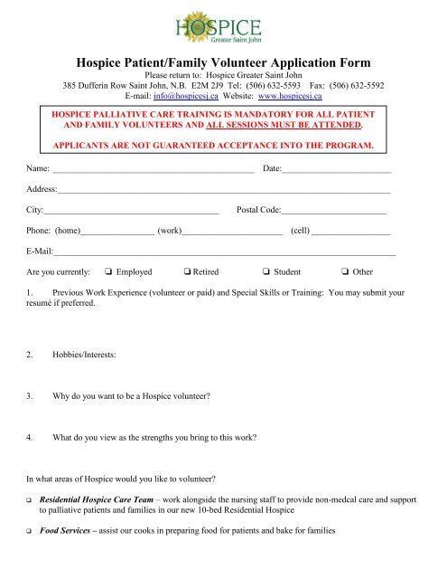 Patient-Family Volunteer Application Form - Hospice Greater Saint ...