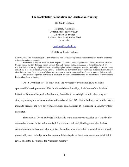 Godden, Judith. The Rockefeller Foundation and Australian Nursing.