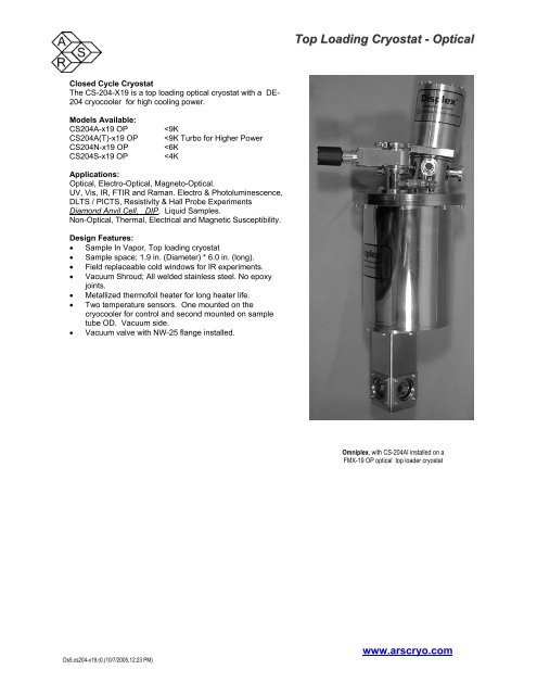 Top Loading Cryostat - Optical