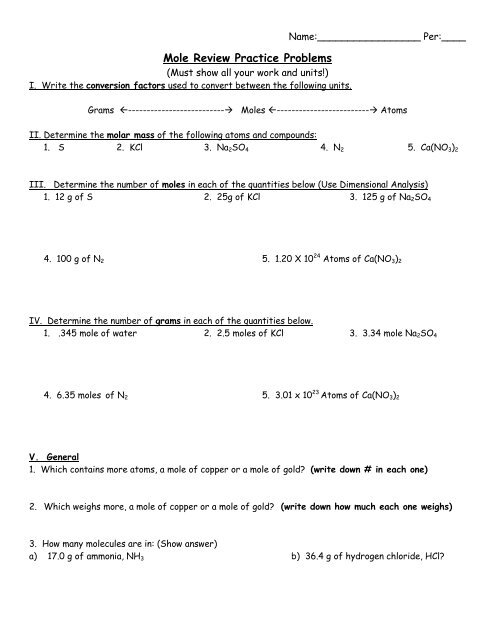 Mole Review Practice Problems