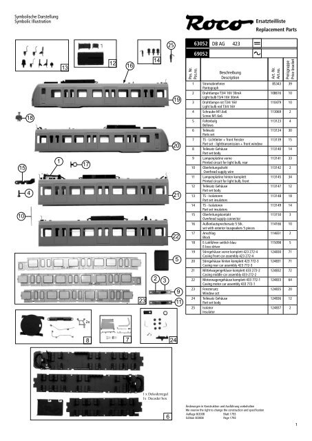 Ersatzteilliste Replacement Parts 63052 69052 DB AG 423 - Roco