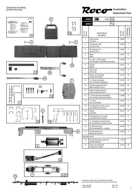 Ersatzteilliste Replacement Parts 63941 V 65 69941 - Roco