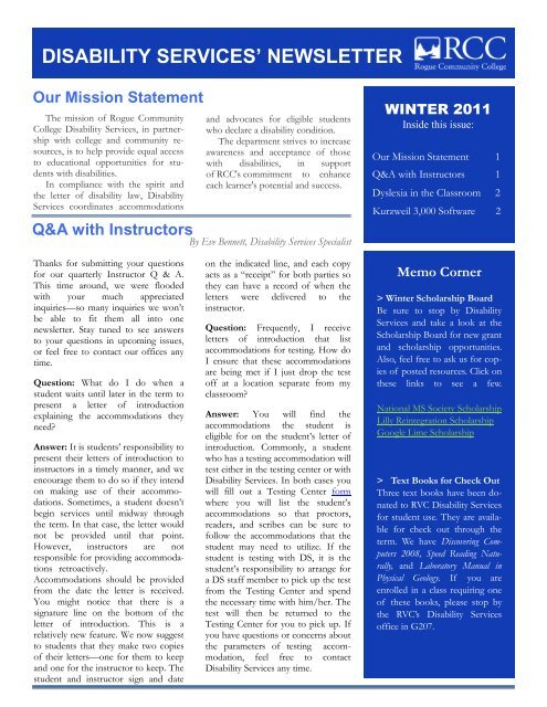 DISABILITY SERVICES' NEWSLETTER - Rogue Community College
