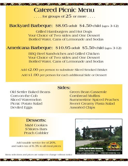picnic menu-catering contract - Rolling Hills Zoo