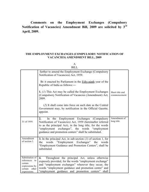 (Compulsory Notification of Vacancies) Amendment Bill, 2009 are