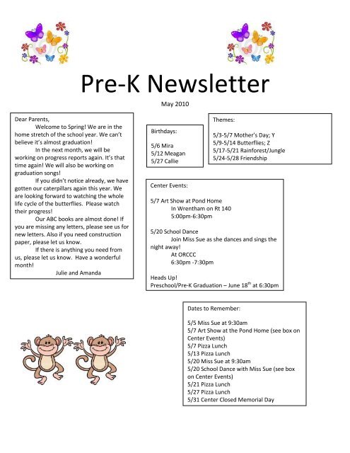 Pre-K Newsletter - Our Redeemer Child Care Center