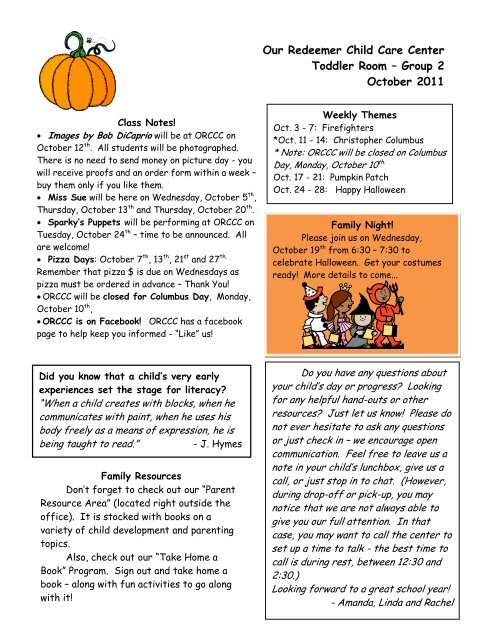 Toddler 2 Newsletter - Our Redeemer Child Care Center