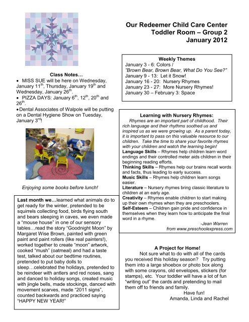 Toddler 2 Newsletter - Our Redeemer Child Care Center
