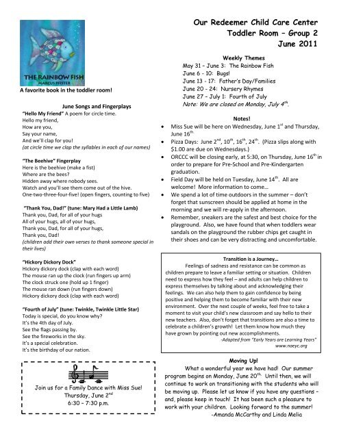 Toddler 2 Newsletter - Our Redeemer Child Care Center