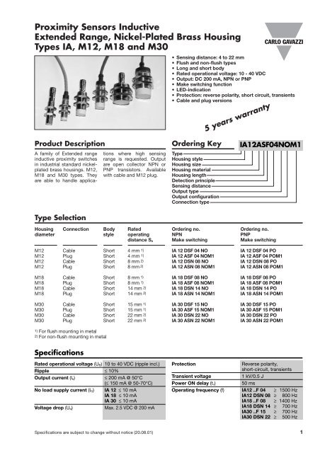 Proximity Sensors Inductive Extended Range, Nickel ... - Rom Devices