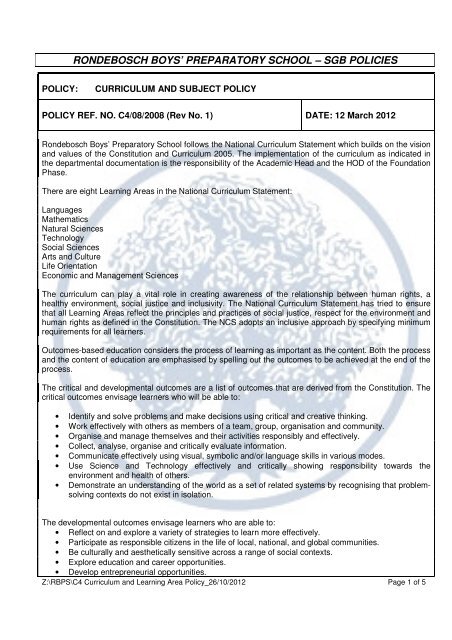 Curriculum and subject policy - Rondebosch Boys
