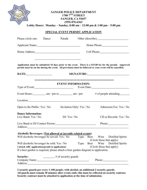 Sanger Police Department Special Event Permit