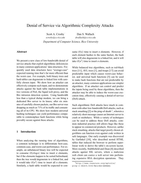Denial of Service via Algorithmic Complexity Attacks - Department of ...