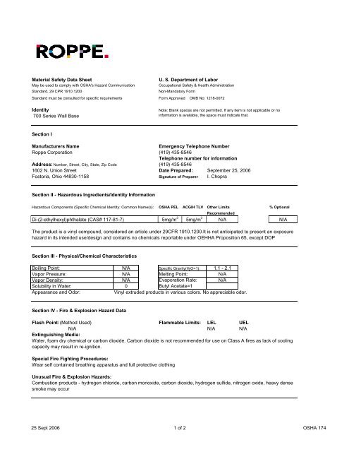 MSDS Roppe 700 Series - Roppe Corporation