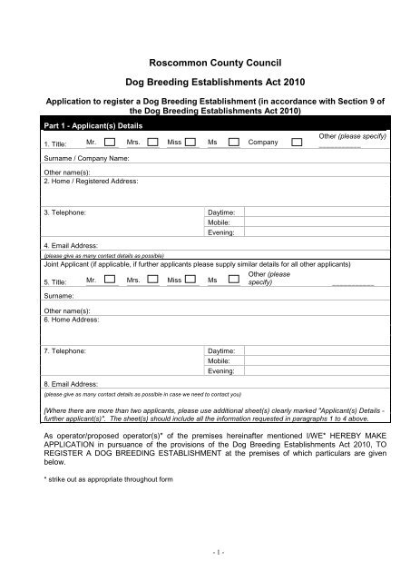 Application Form to Register for Dog Breeding Est - Roscommon ...