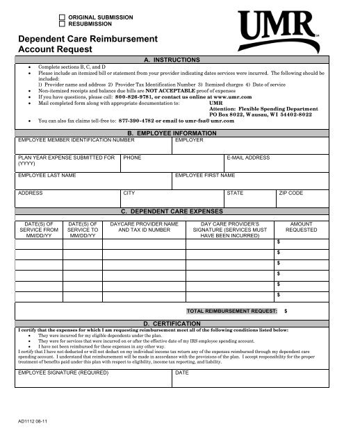 Dependent Care Reimbursement Account Request form - UMR