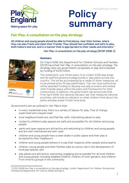 Fair Play: policy summary - Play England