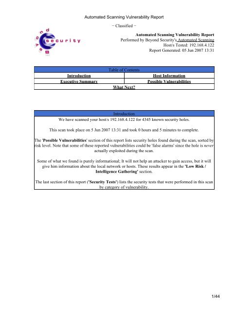 Automated Scanning Vulnerability Report - Beyond Security