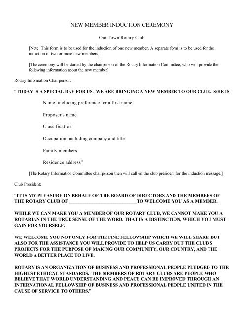 NEW MEMBER INDUCTION CEREMONY - Rotary District 6400