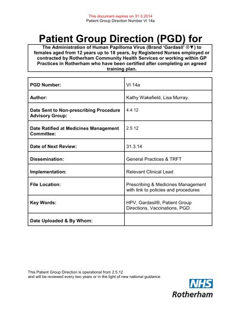 Appendix 5 â Patient Group Direction (PGD ... - NHS Rotherham