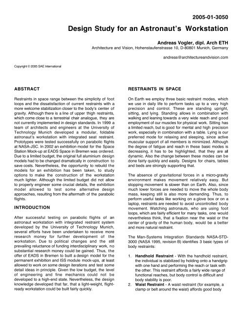 Design Study for an Astronaut's Workstation - Architecture and Vision