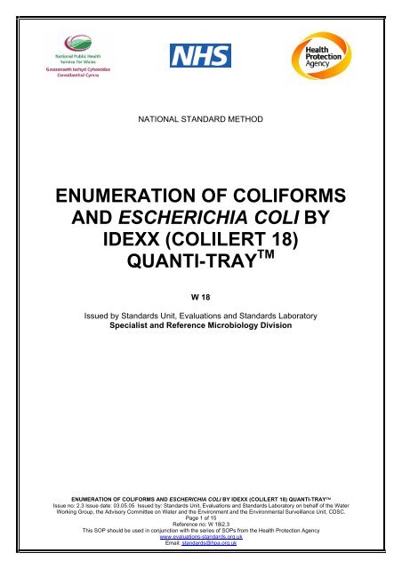 Enumeration Of Coliforms And Escherichia Coli By Idexx Colilert 18