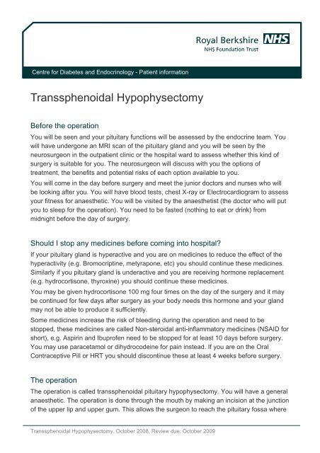 Transsphenoidal Hypophysectomy - The Royal Berkshire NHS ...