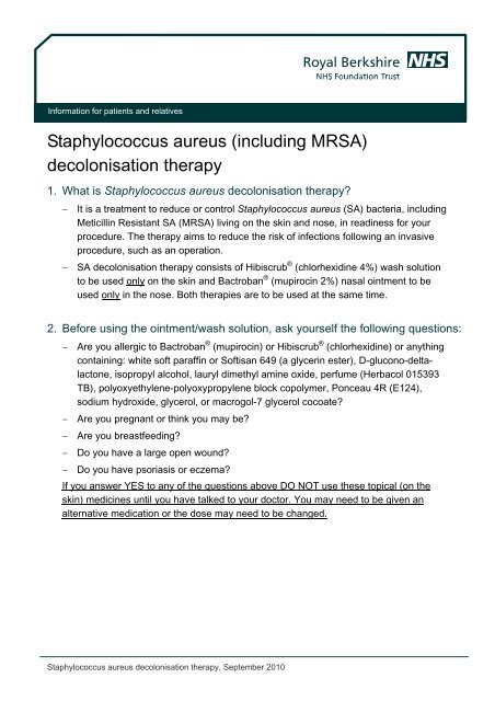 Staphylococcus aureus decolonisation therapy - The Royal ...