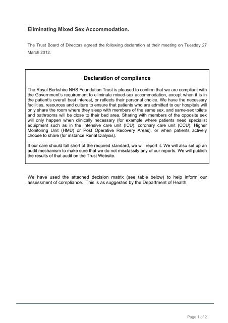 Eliminating Mixed Sex Accommodation Declaration Of Compliance