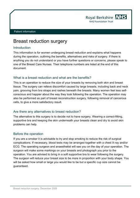 Breast reduction surgery - The Royal Berkshire NHS Foundation Trust