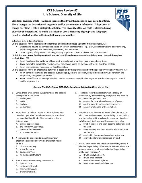 CRT Science Review #7 Life Science: Diversity of Life - RPDP