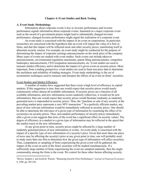 Chapter 4: Event Studies and Back Testing A. Event Study ...